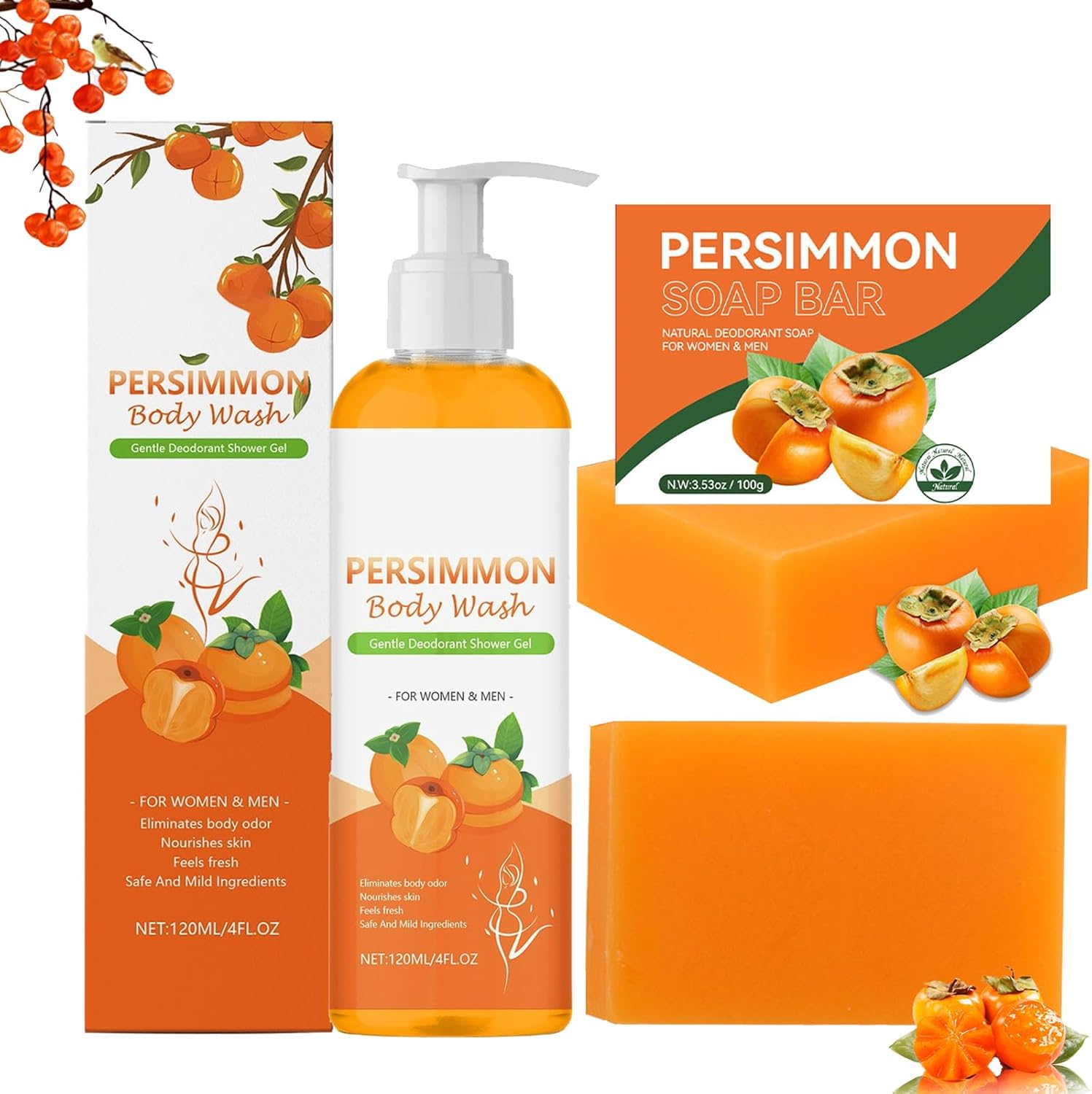2 PCS Persimmon Soap Bar and Persimmon Body Wash for Body Odor Control ...