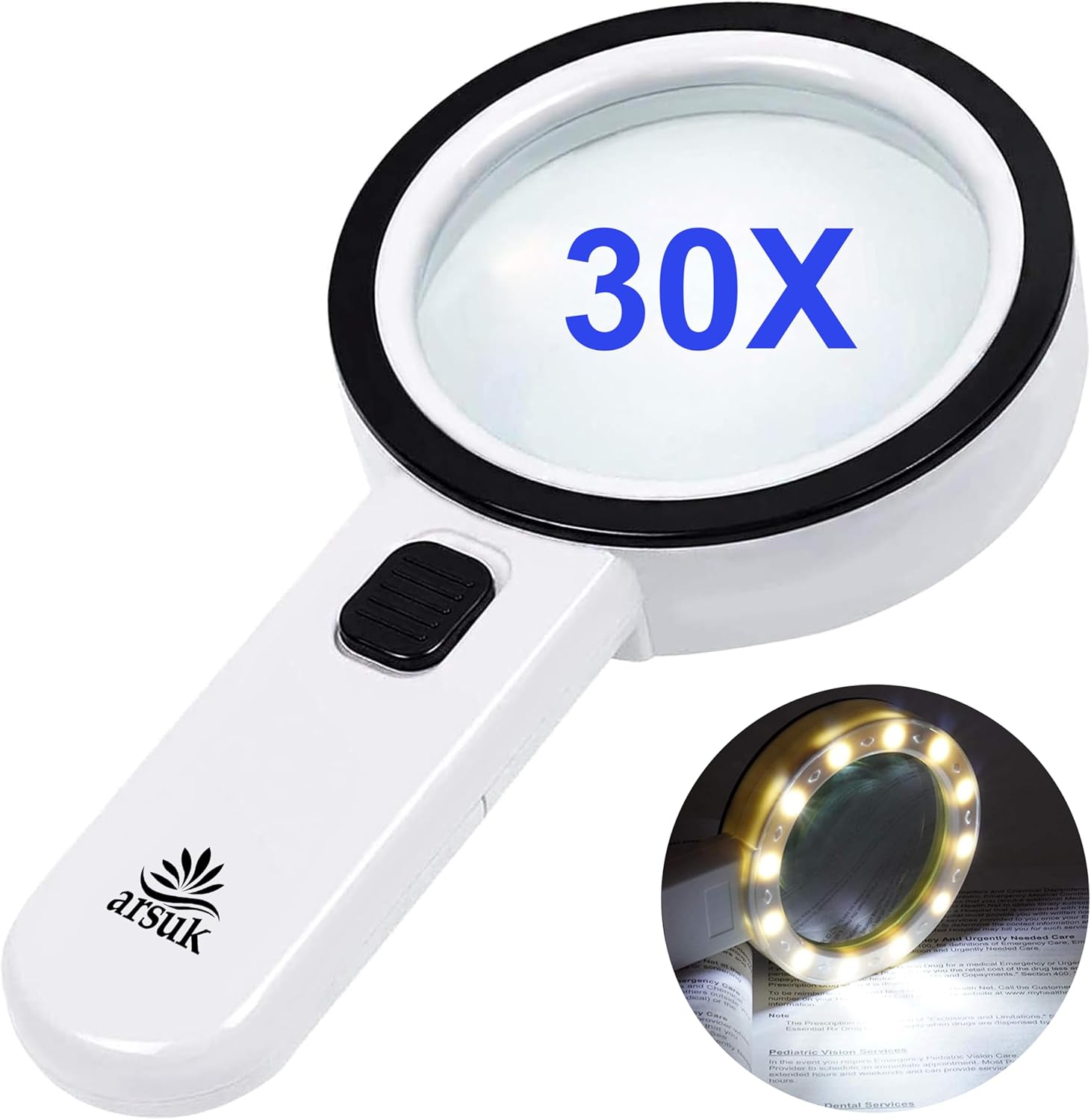 ARSUK Magnifying Glass with Light - 30X Handheld Magnifier with 12 LED ...