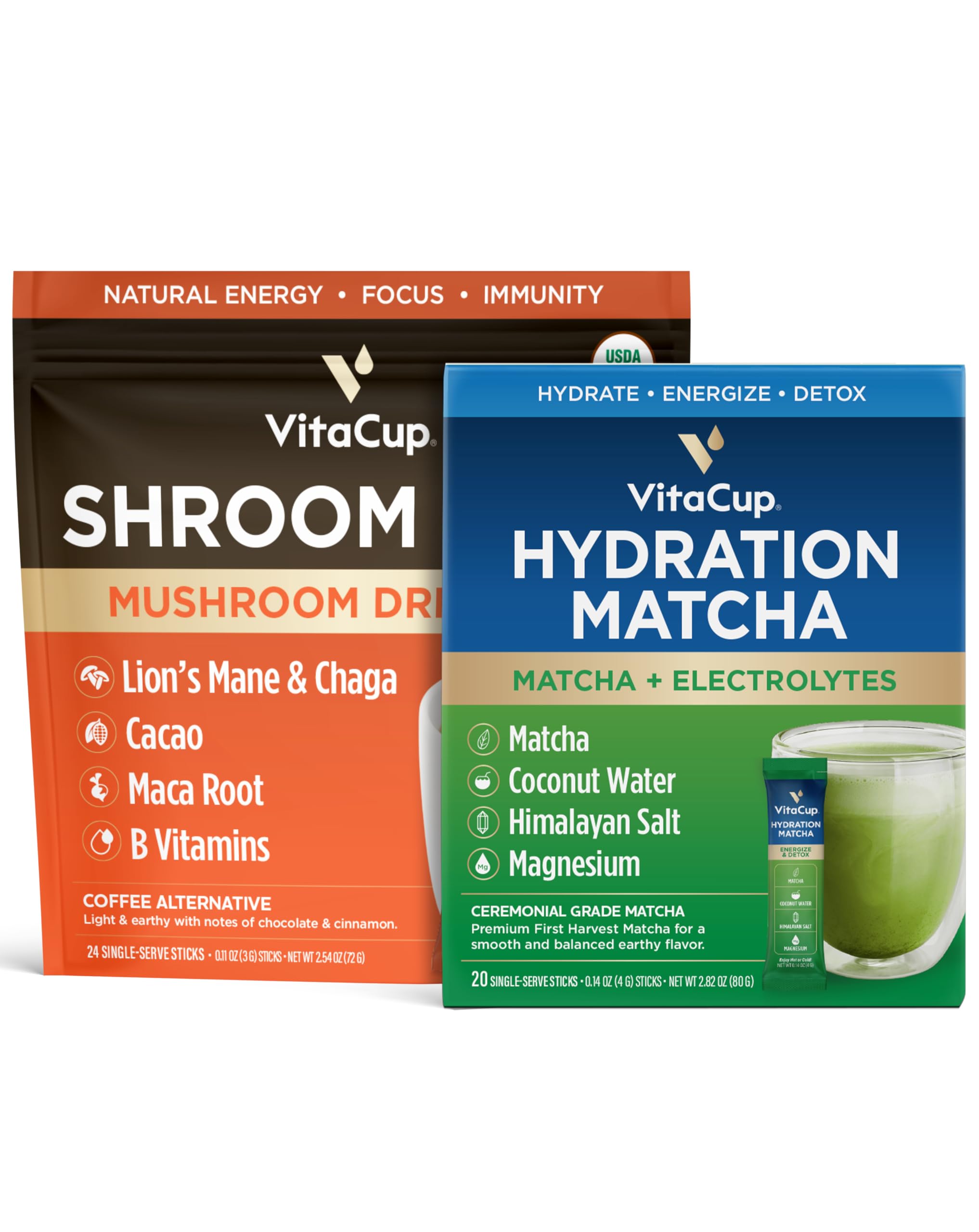 Amazon.com: VitaCup Instant Hydration Matcha Packets 20ct & Shroom Fuel ...
