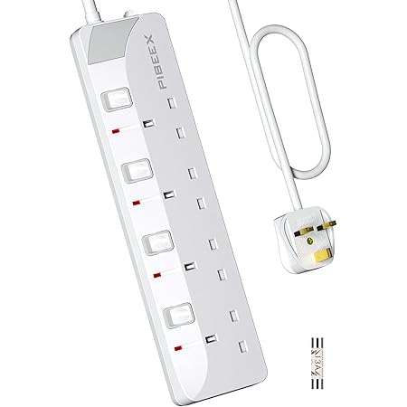 5M Extension Lead with Individual Switches, 13A 4 Way Power Strip 2 USB ...