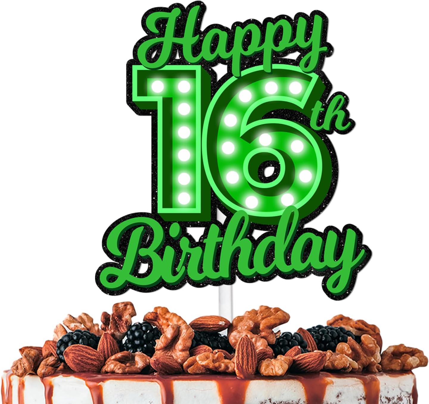 Amazon.com: Green Glitter Happy Birthday 16th Cake Topper Let’s Glow ...