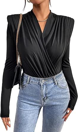 Amazon.com: WDIRARA Women's Wrap V Neck Long Sleeve Shoulder Pads ...