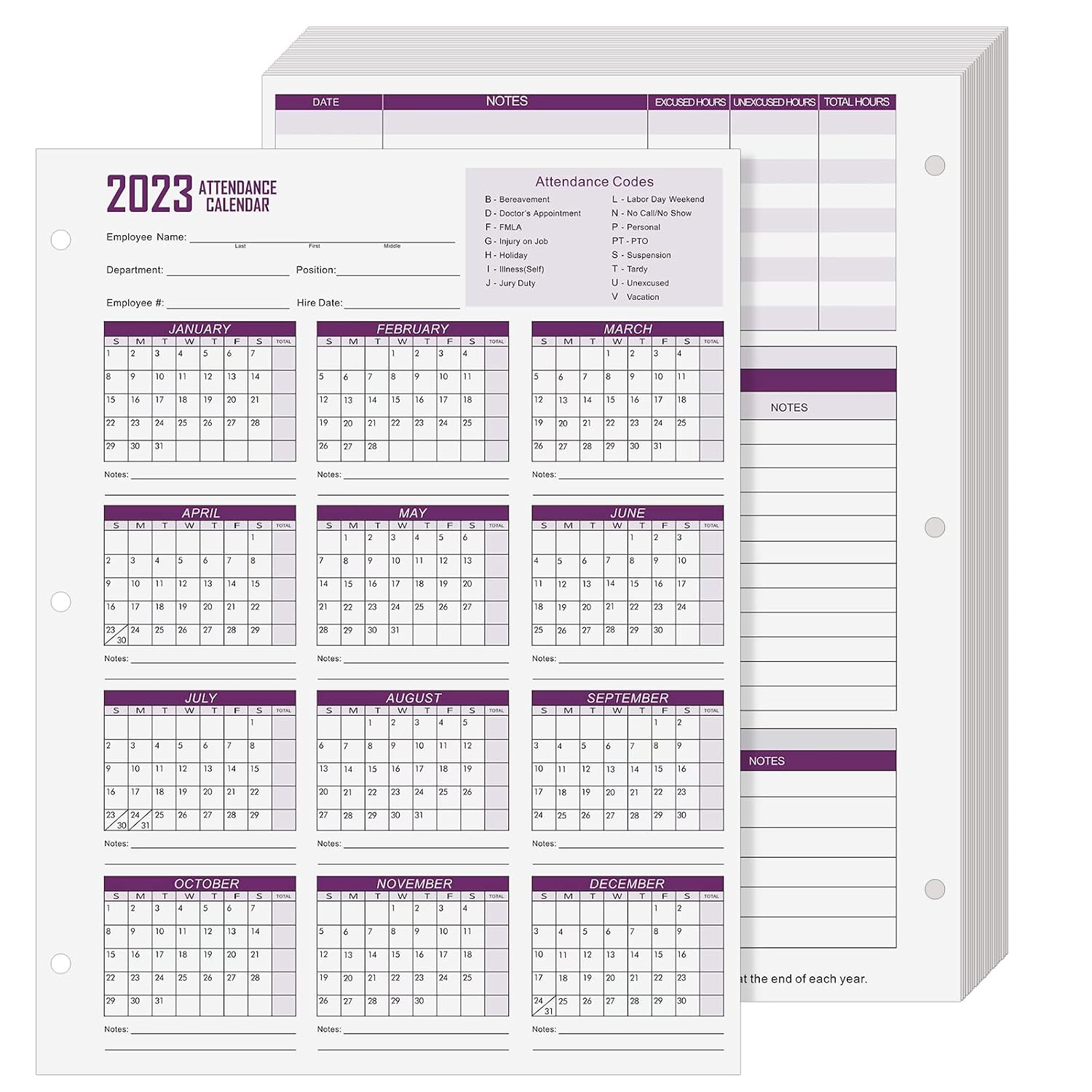 100 Sheets 2023 Attendance Calendar for Employees Attendance Calendar ...