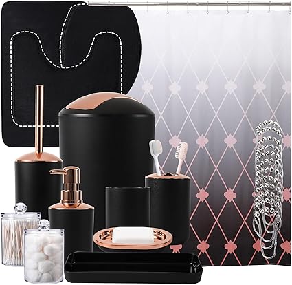Amazon.com: 25Pcs Black Bathroom Set with Shower Curtain and Rugs ...