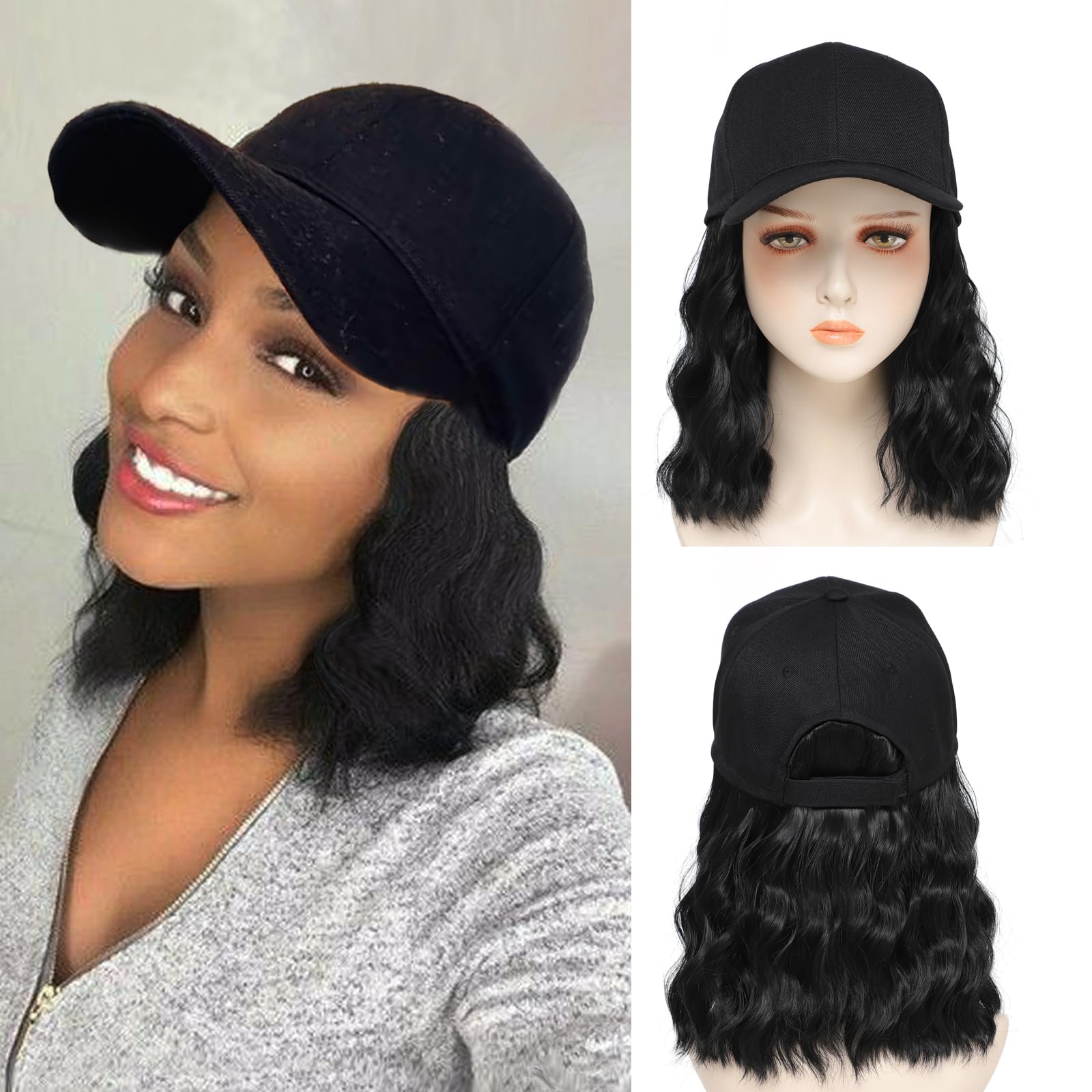 Amazon.com : AliRobam Synthetic Wig Hat with Natural Wave hair ...