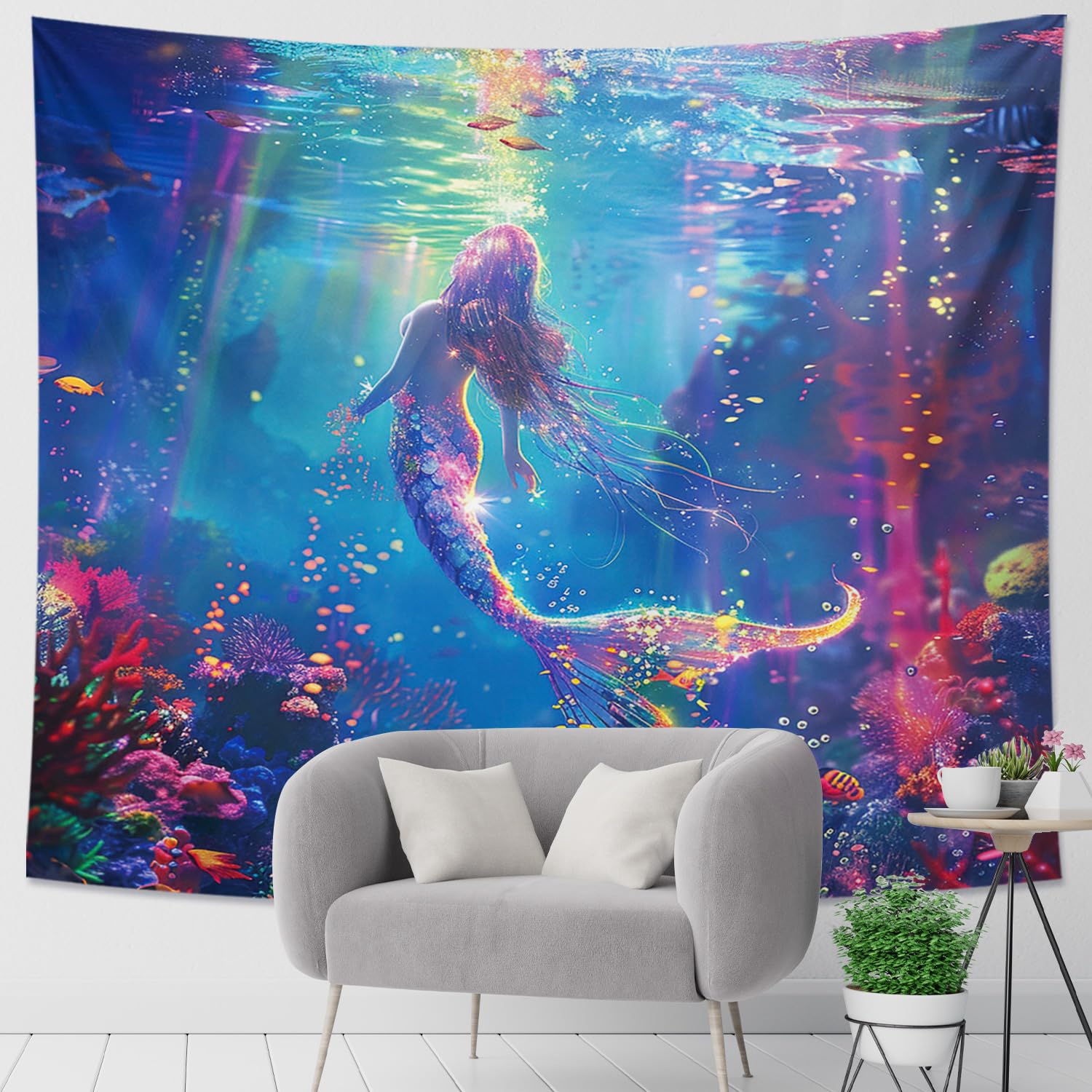 Amazon.com: Mermaid Under The Sea Tapestry, Colorful Fantasy Bohemian ...