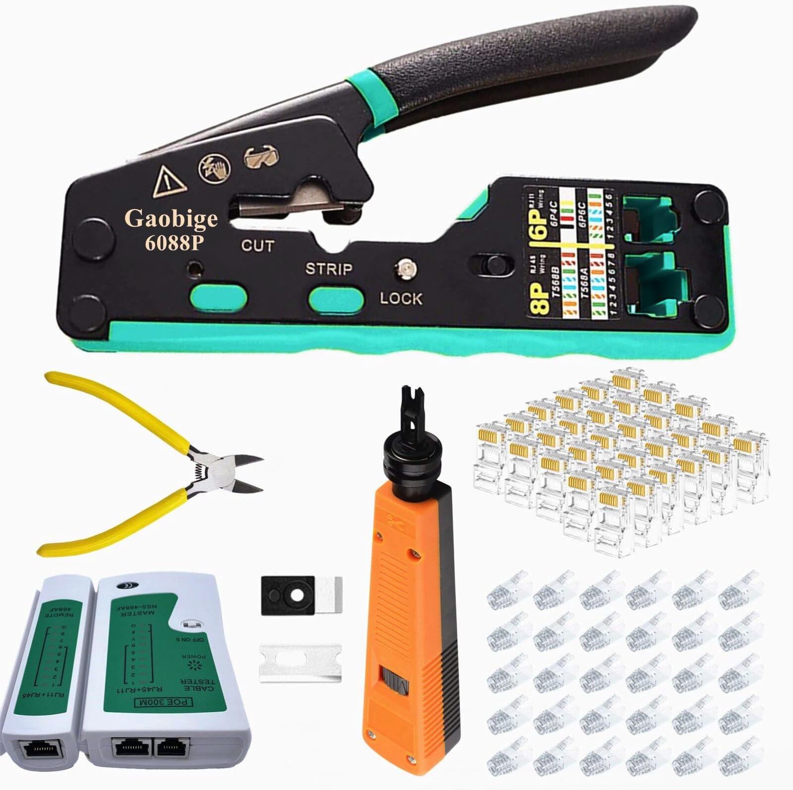 Gaobige RJ45 Crimping Tool Kit Pass Through Ethernet Crimper Cat6A Cat6 Cat5e Cat5 Crimping Tool ...