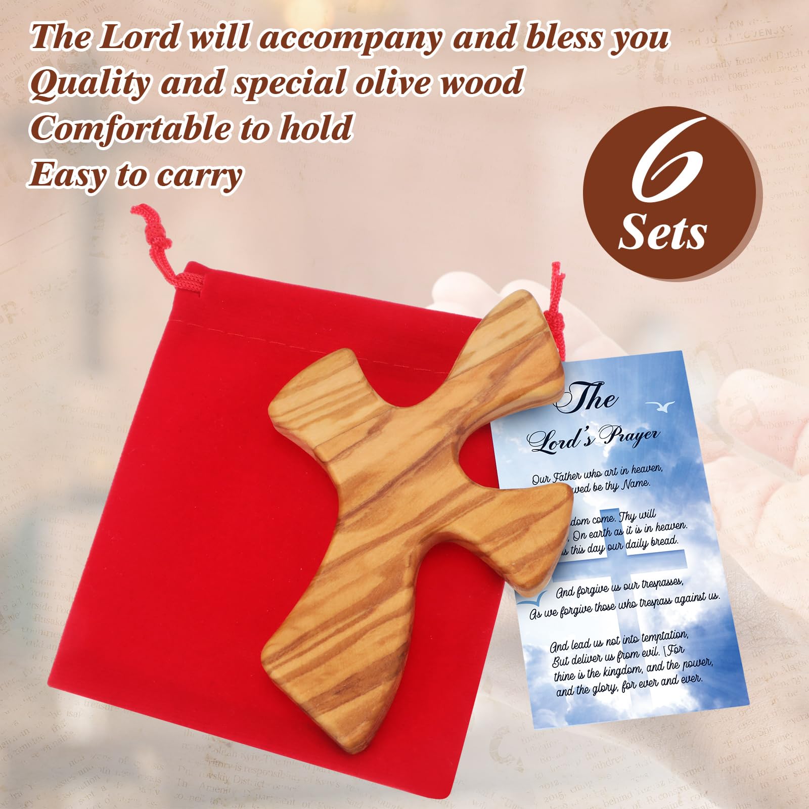 Suzile 6 Sets Olive Wood Clinging Cross with Cotton Linen Bags and ...