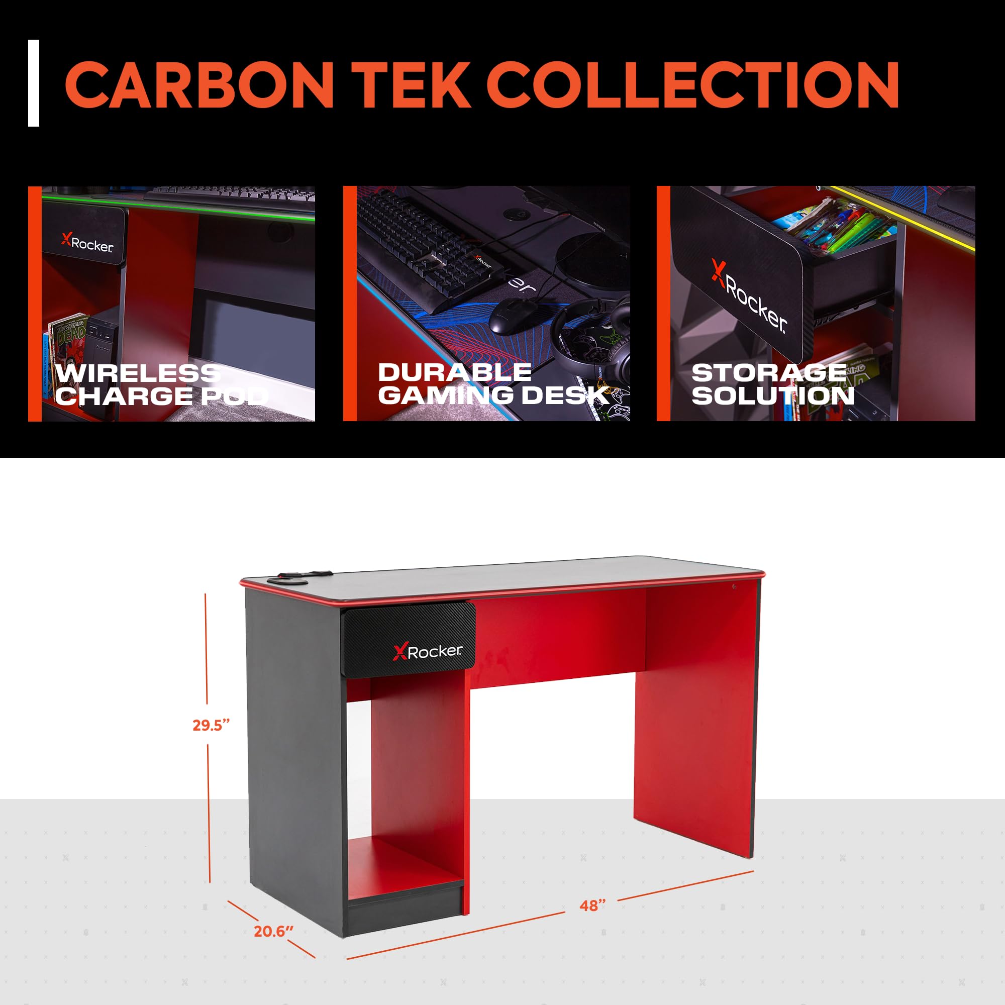 Snapklik.com : X Rocker Tek Gaming Desk LED Wireless Charging Carbon ...