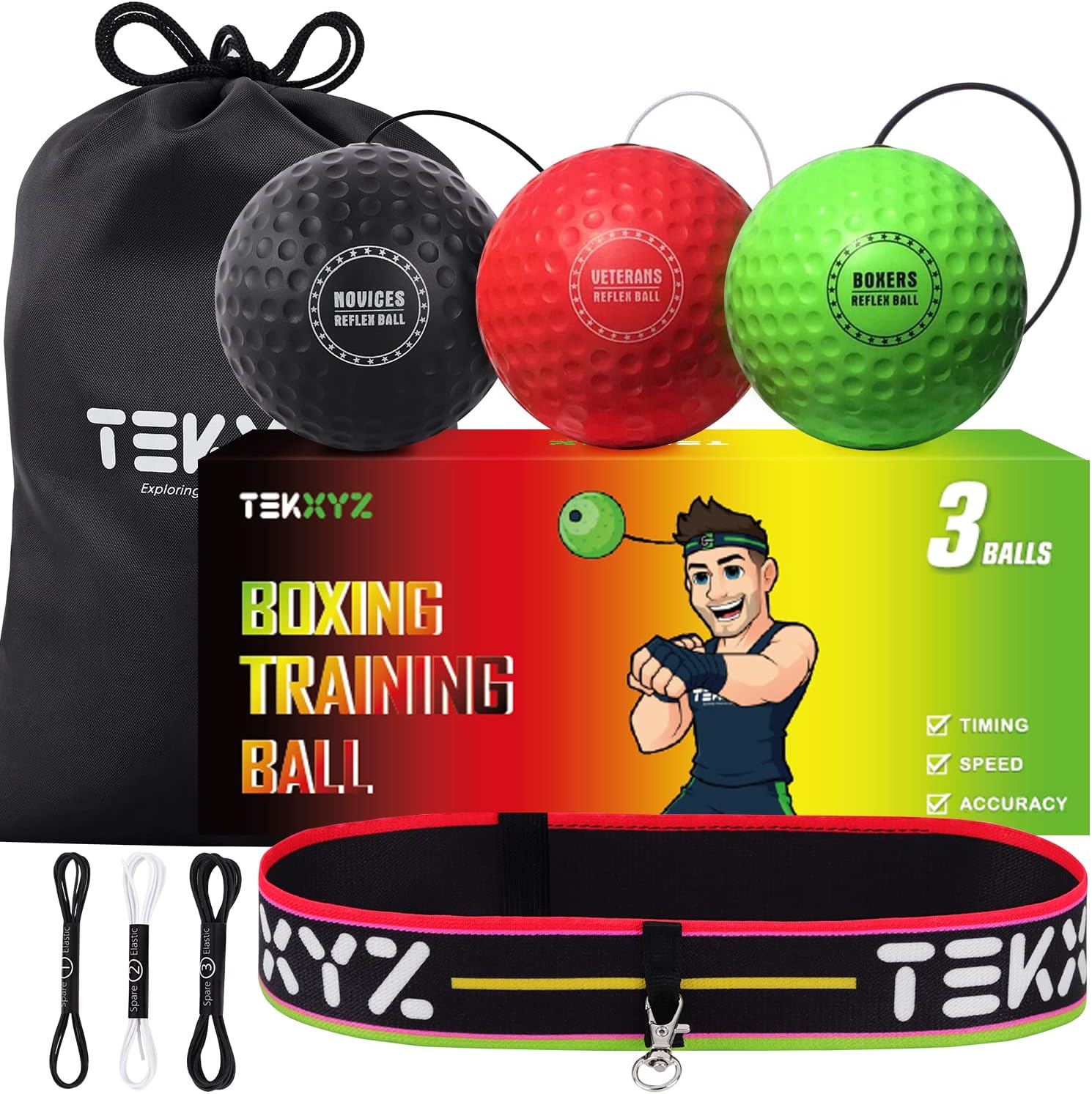 TEKXYZ Boxing Reflex Ball, 3 Difficulty Levels Boxing Ball with ...