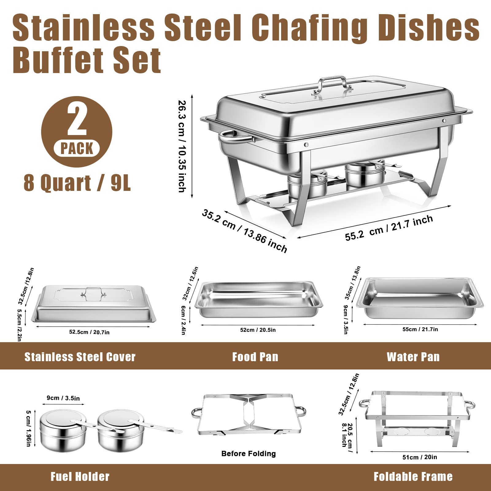 Chafing Dish Buffet 9.5 Qt Rectangular Stainless Steel Chafers 3.7 Qt ...