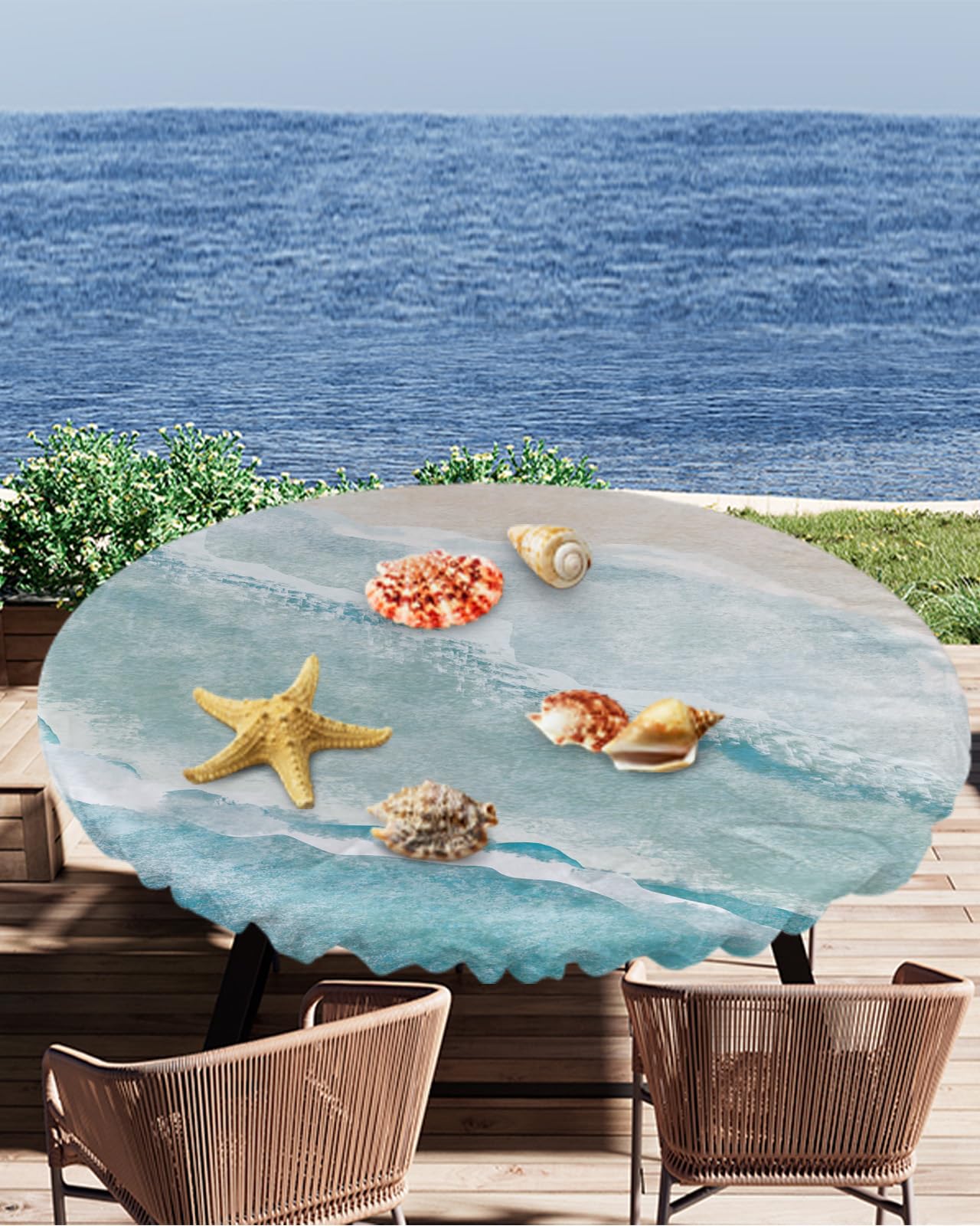Amazon.com: Chees D Zone Coastal Tablecloth Round Fitted,Beach Table ...