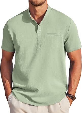 Amazon.com: COOFANDY Mens Shirts Cotton Linen Shirts Banded Collar Henley Shirts Short Sleeve ...