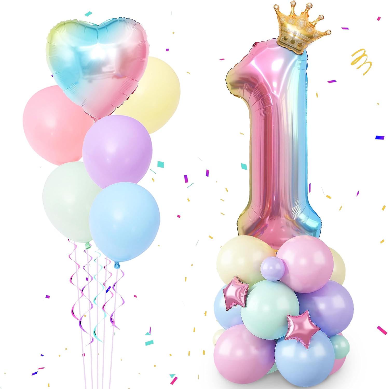 40 Inch Rainbow Gradient Number 1 Balloons with Crown and Star, Foil ...