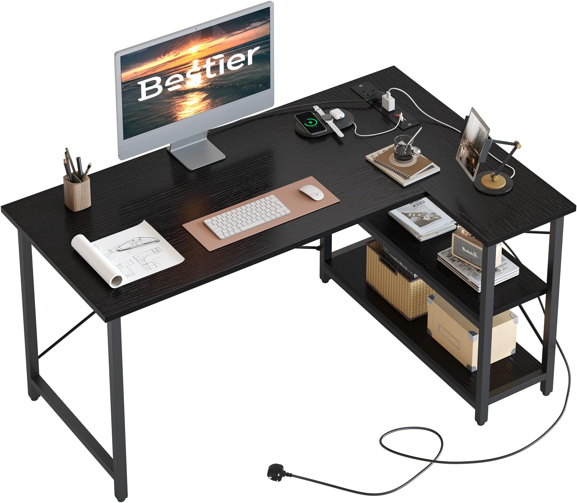 CASART L-shaped Computer Desk, 130cm Wooden Office Desk with Storage ...