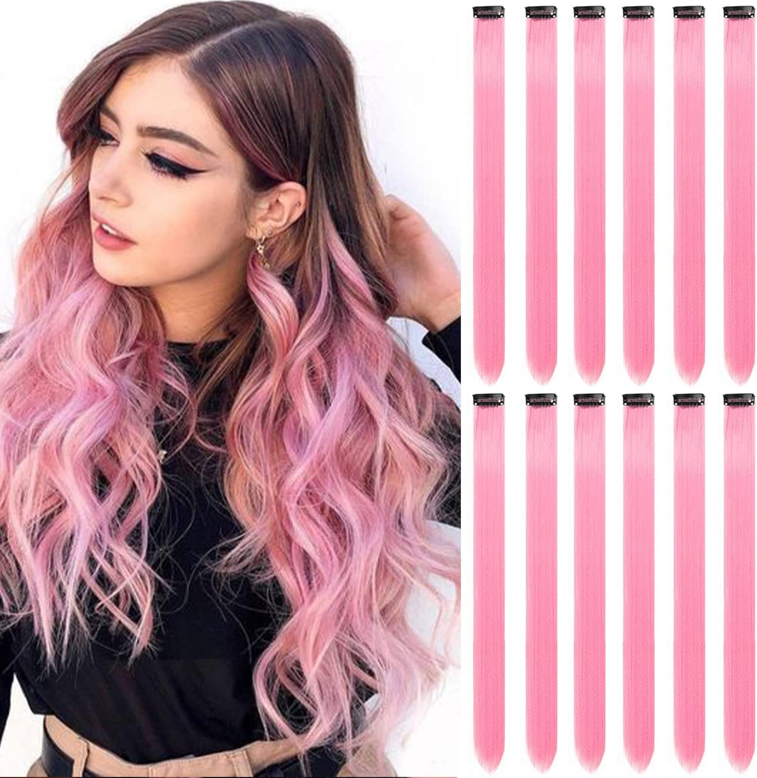 Amazon.com : 12 PCS Pink Hair Extensions Clip in, Colored Party ...