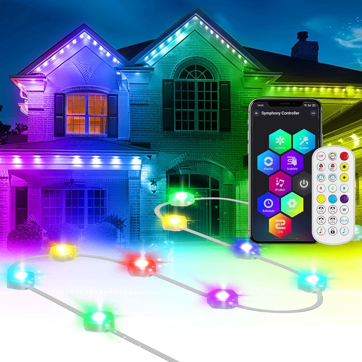 SLARY Permanent Outdoor Lights for House Roof, 100ft RGB Smart Eaves ...