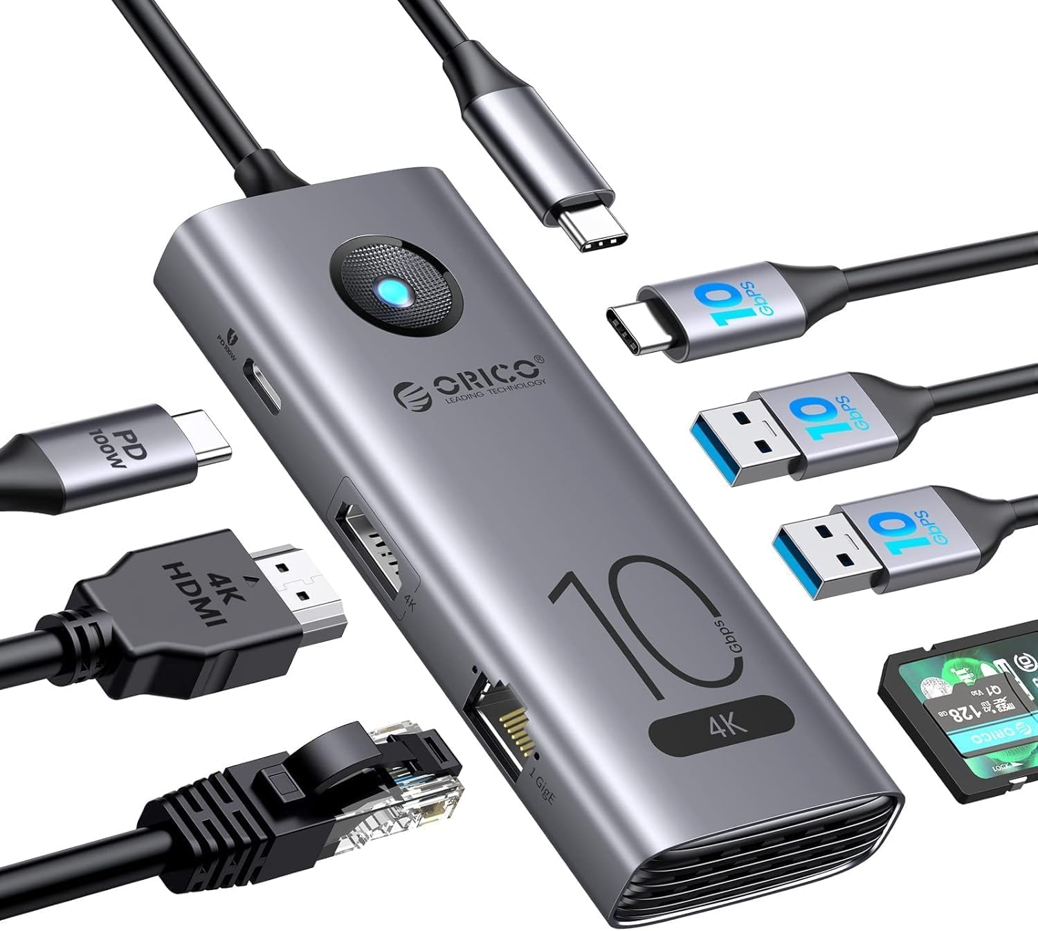 Amazon.com: 10Gbps USB C Hub,ORICO 8-in-1 USB-C Laptop Docking Station to 4K@60Hz HDMI,2×USB 3.2 ...