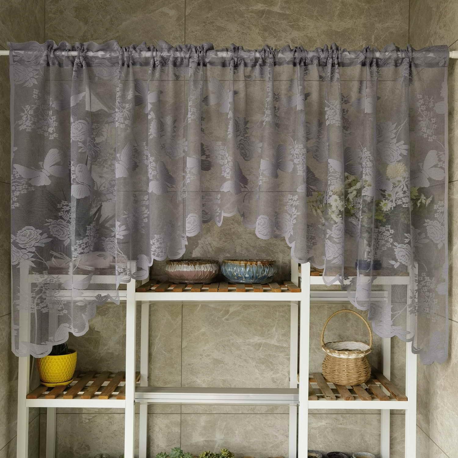 Amazon.com: Grey Lace Kitchen Curtain Valance 35 inches Length Rose ...
