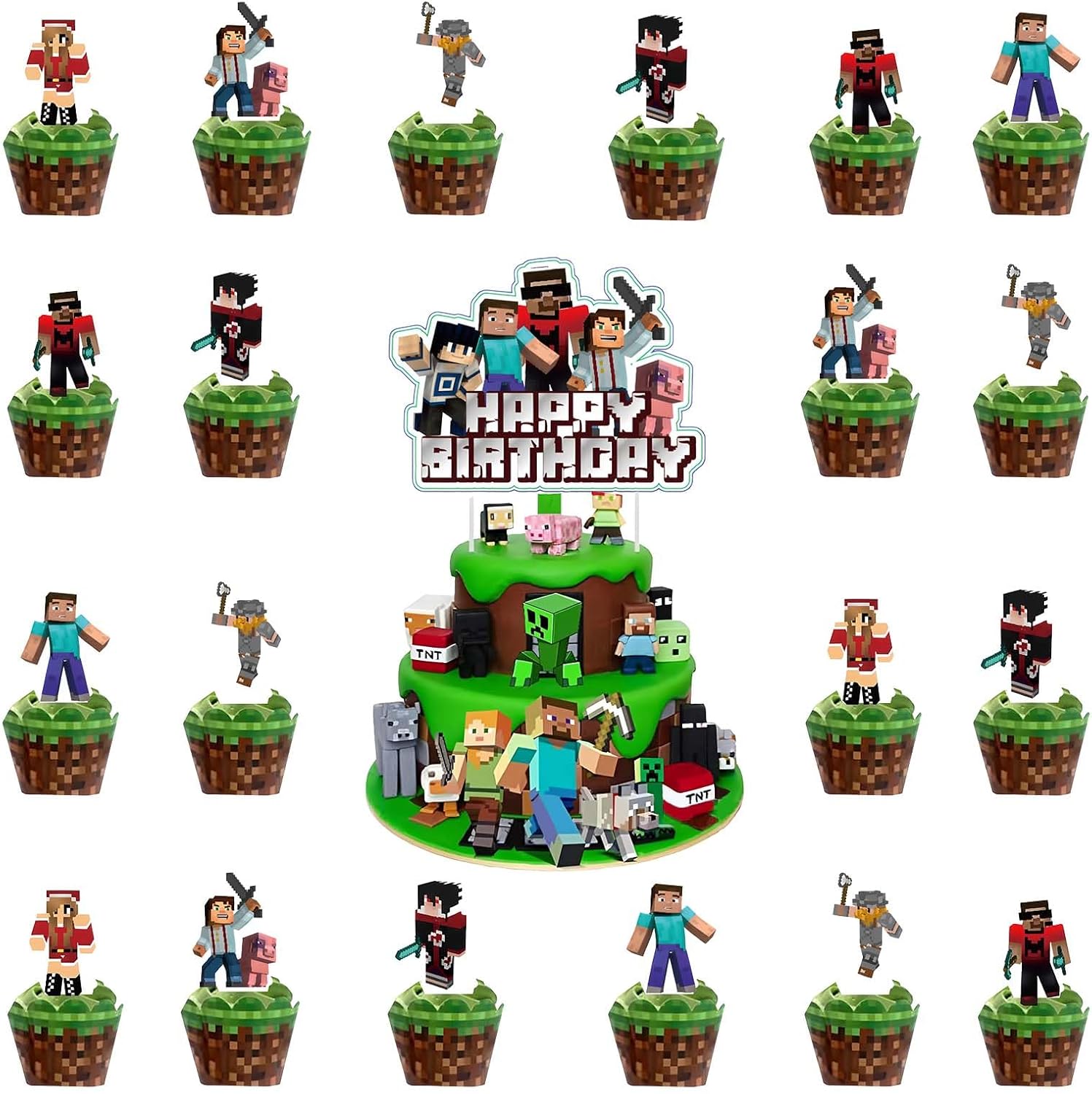Amazon.com: Pixel Theme Cake Decorations, 25 Pcs Cartoon Happy Birthday ...