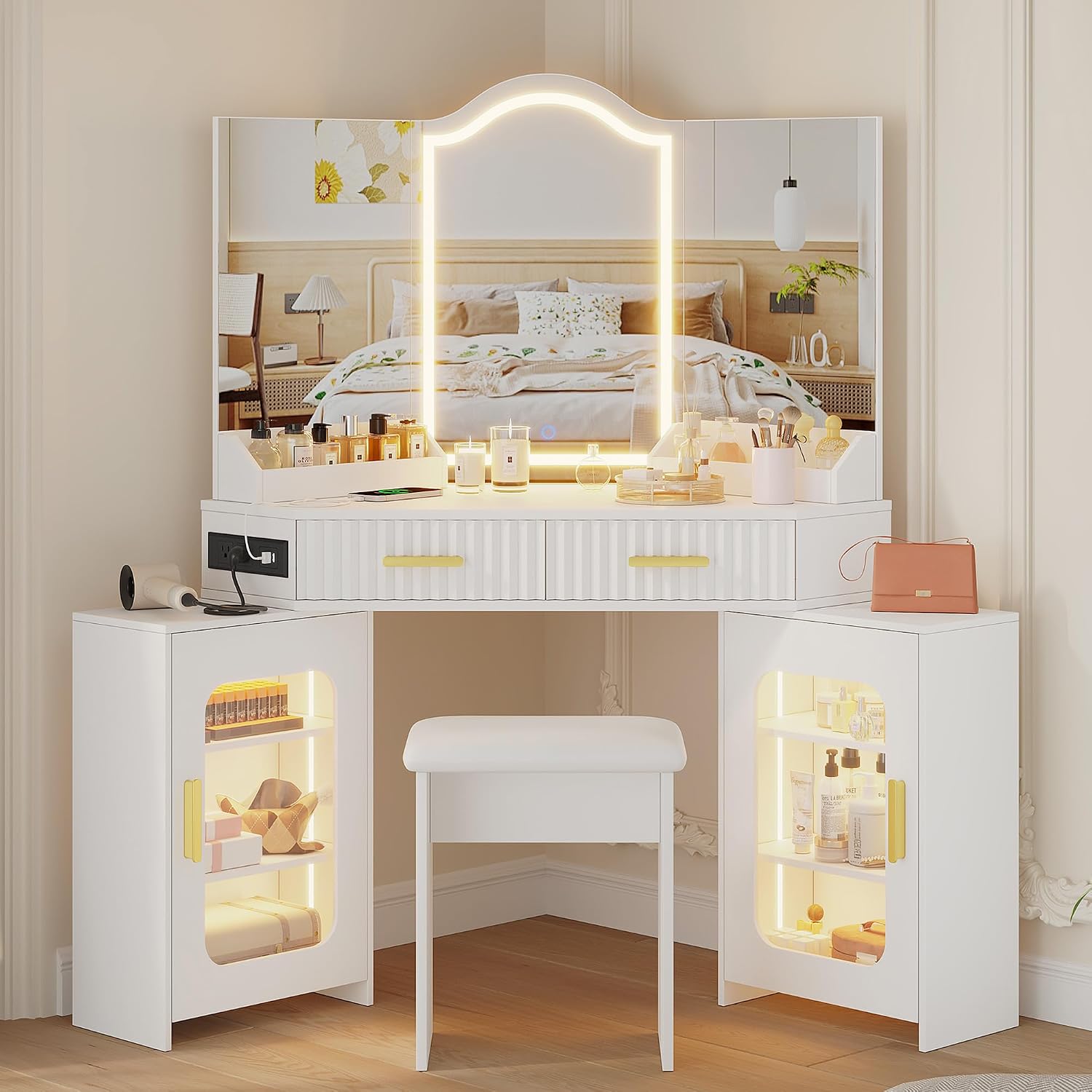 Amazon.com: Casvik Corner Vanity Desk with 3 Way Mirror and Lights, 54 ...