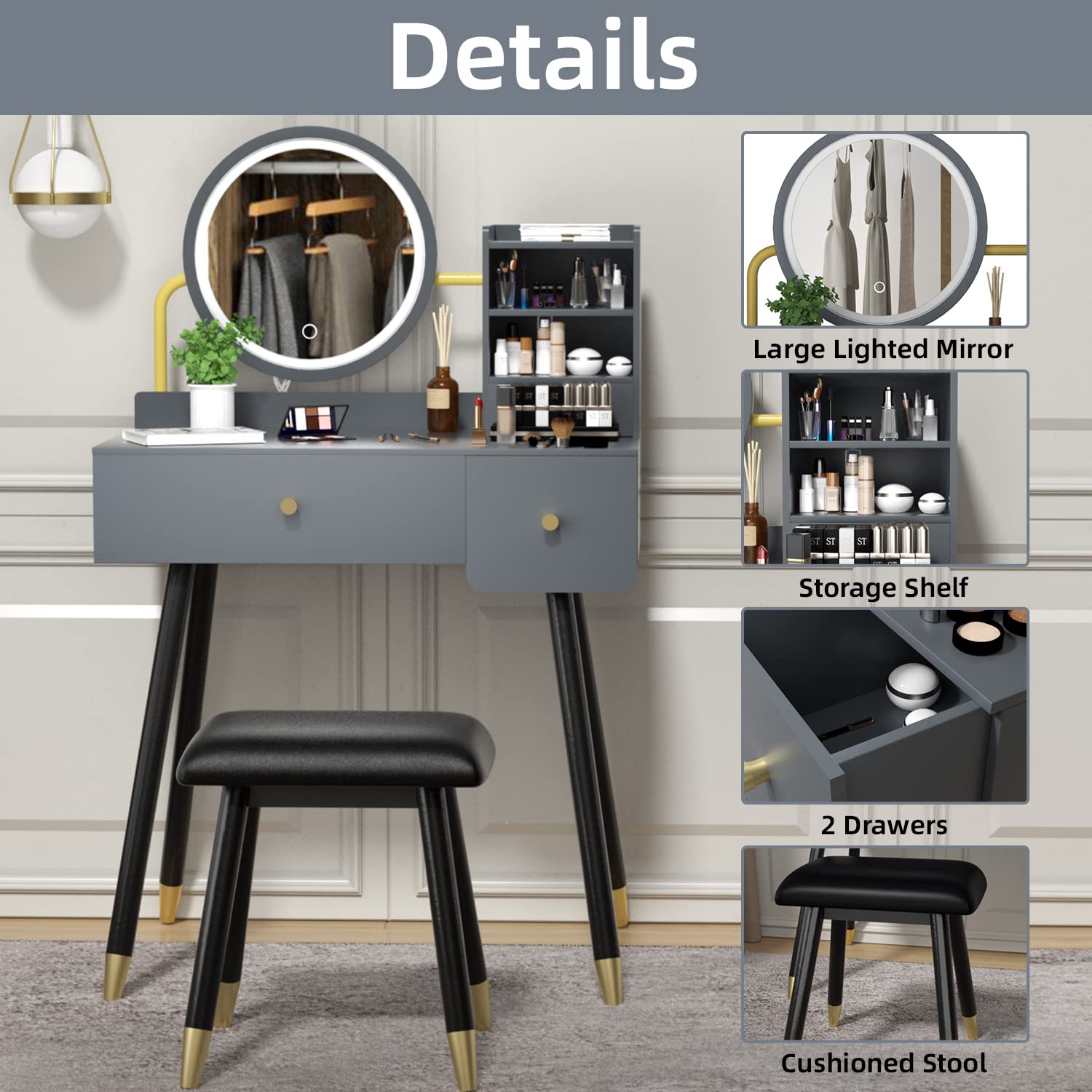 Vanity Desk with Mirror and Lights, Make up Vanity with 3 Color Lighting Modes Screen Tough ...