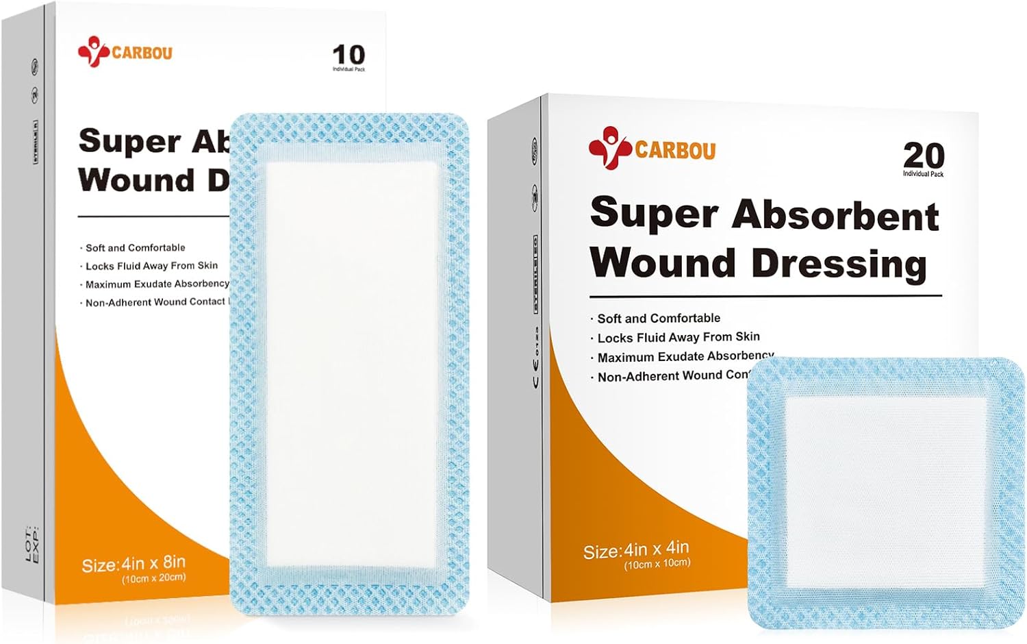 Amazon.com: Carbou Super Absorbent Wound Dressing 4"x 8" (Pack of 10 ...