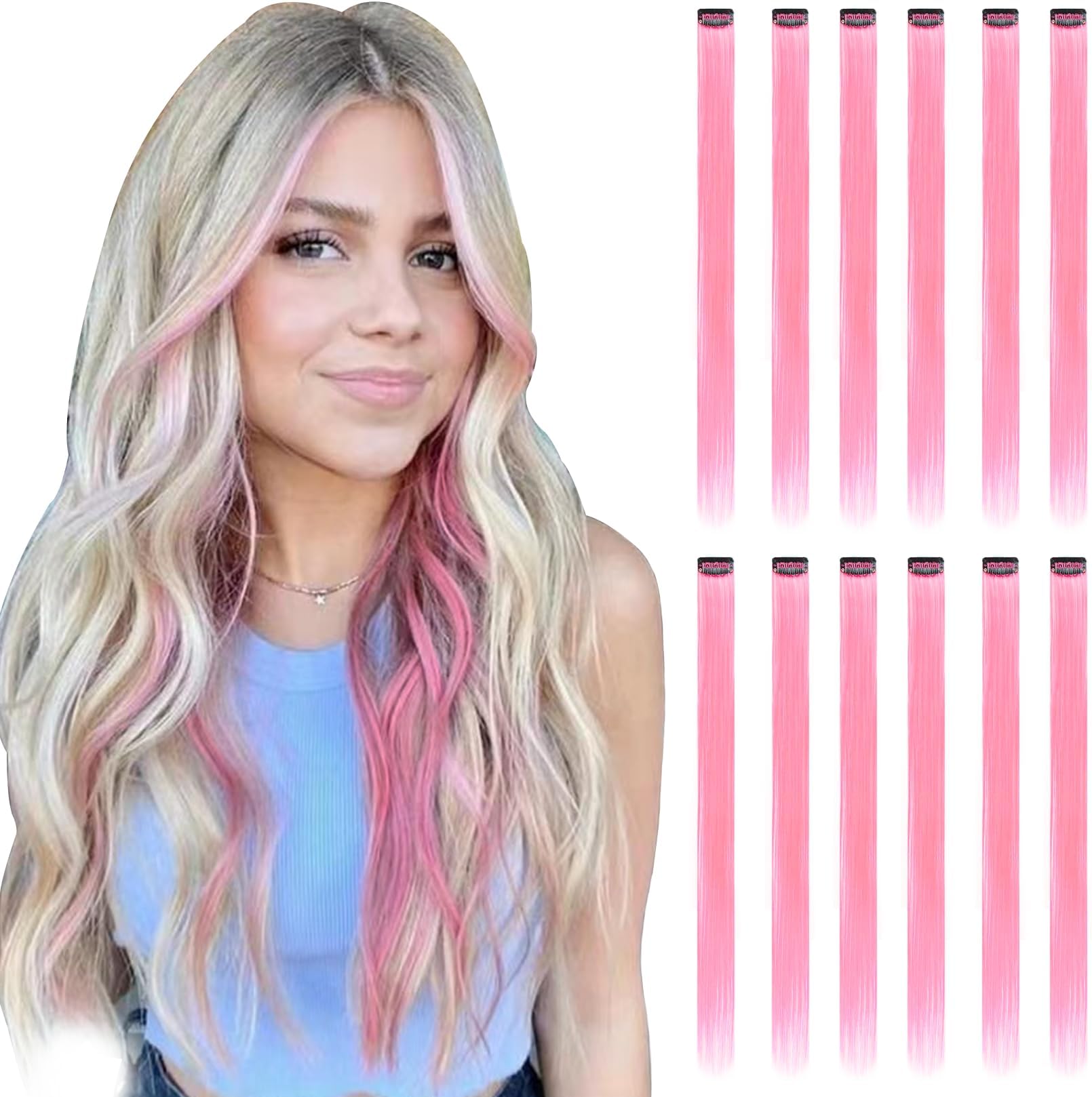 Amazon.com : BUMMSEVEN 12 Pcs Pink Hair Extensions Clip in Hairpiece ...