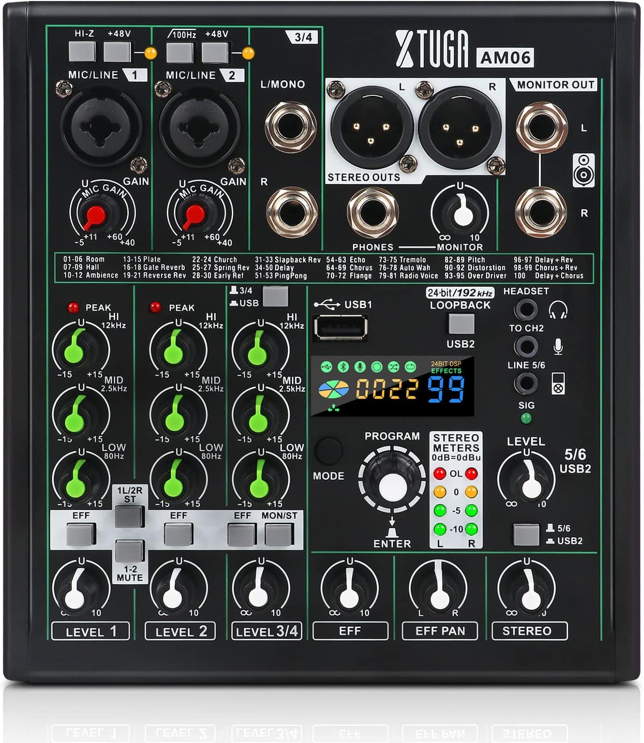 XTUGA AM06 Professional 6 Channel Audio Mixer with 100 DSP Effects,3 ...