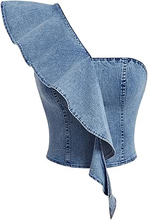 Amazon.com: BEAUDRM Women's Ruffle One Shoulder Zip Backless Sleeveless Denim Top Sexy Slim Fit ...