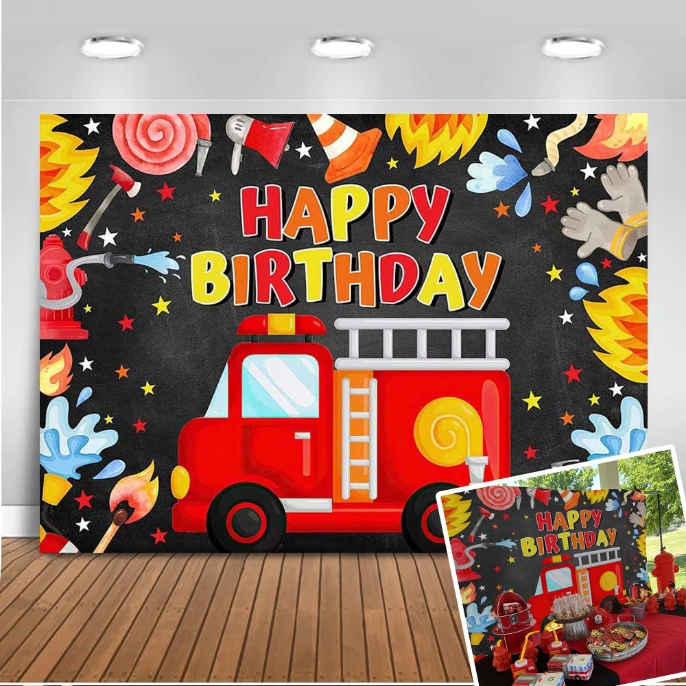 Amazon.com : Mocsicka Fireman Birthday Backdrop 7x5ft Fire Truck Happy ...