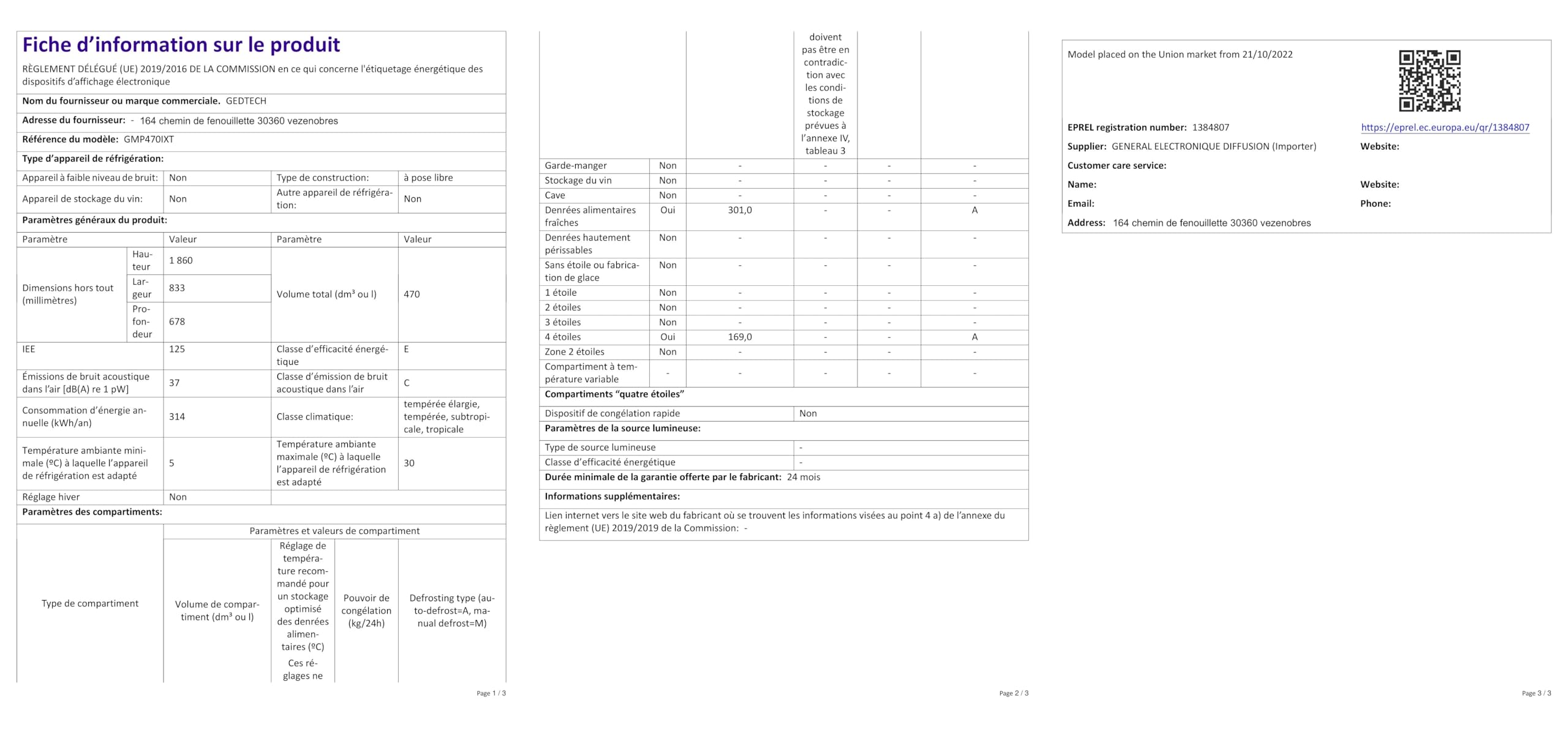 GEDTECH Réfrigerateur multi-portes GMP470IXT 470L (301L + 169L ...