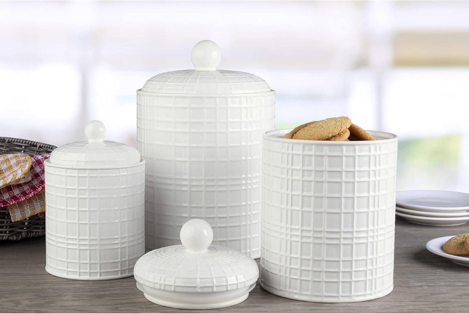 Amazon.com: MosJos Ceramic Canister Set - Round Basket Weave White ...