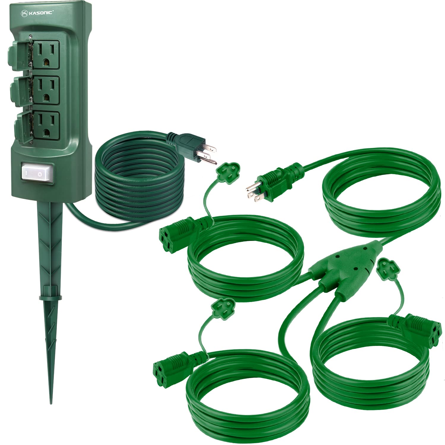 K KASONIC Outdoor Power Stake + Extension Cord 1 to 3 Splitter, 25 FT ...