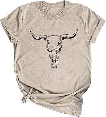 SUPTTING Maglietta da donna Western con teschio di bufalo, a maniche ...
