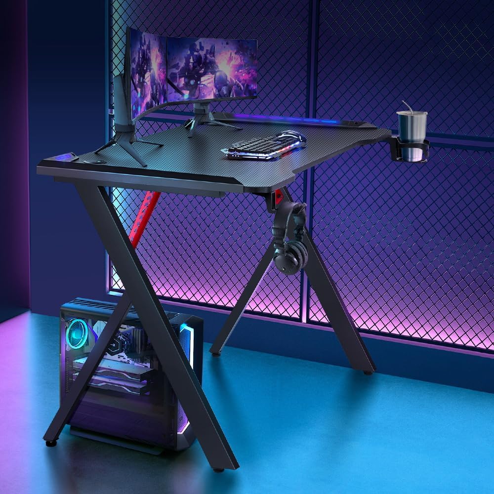 Furb 140cm RGB Gaming Desk with LED Lights, Black PC Computer Desk X ...