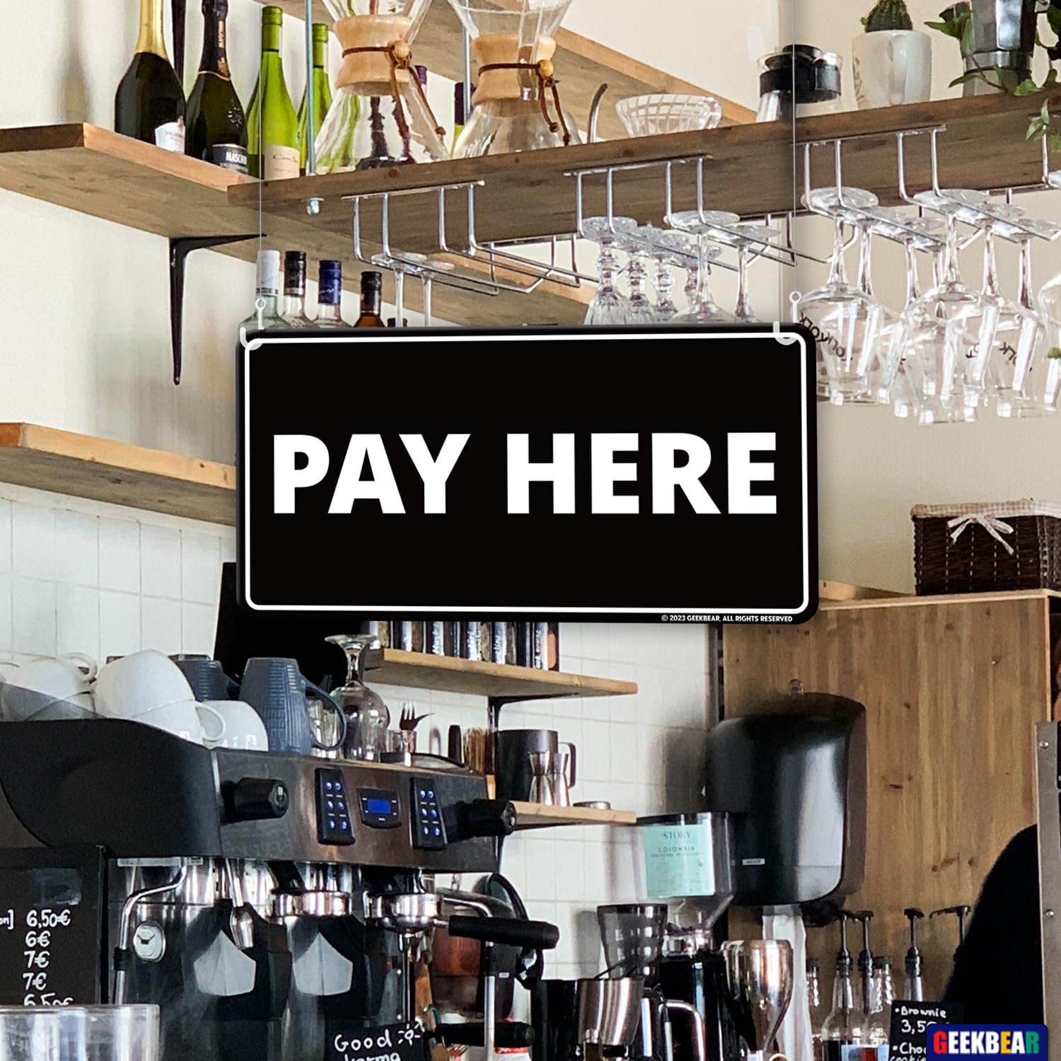 Snapklik.com : GEEKBEAR Pay Here Sign Hanging From Ceiling - 12 X 6 In