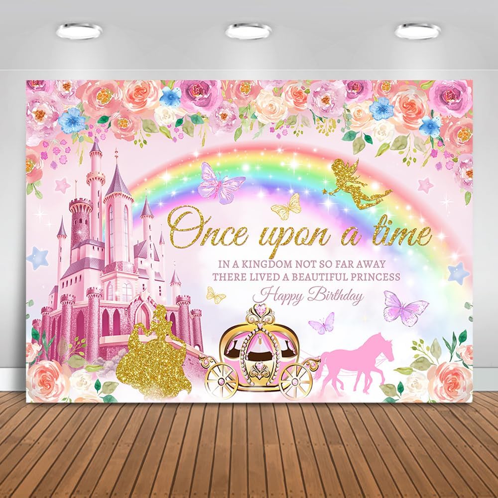 Amazon.com : Mocsicka Princess Happy Birthday Backdrop Pink Royal ...