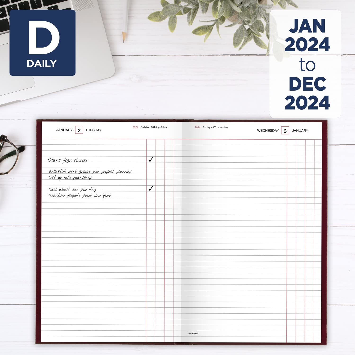 AT-A-GLANCE 2024 Daily Diary, Standard Diary & Address Book, 7-3/4" x ...