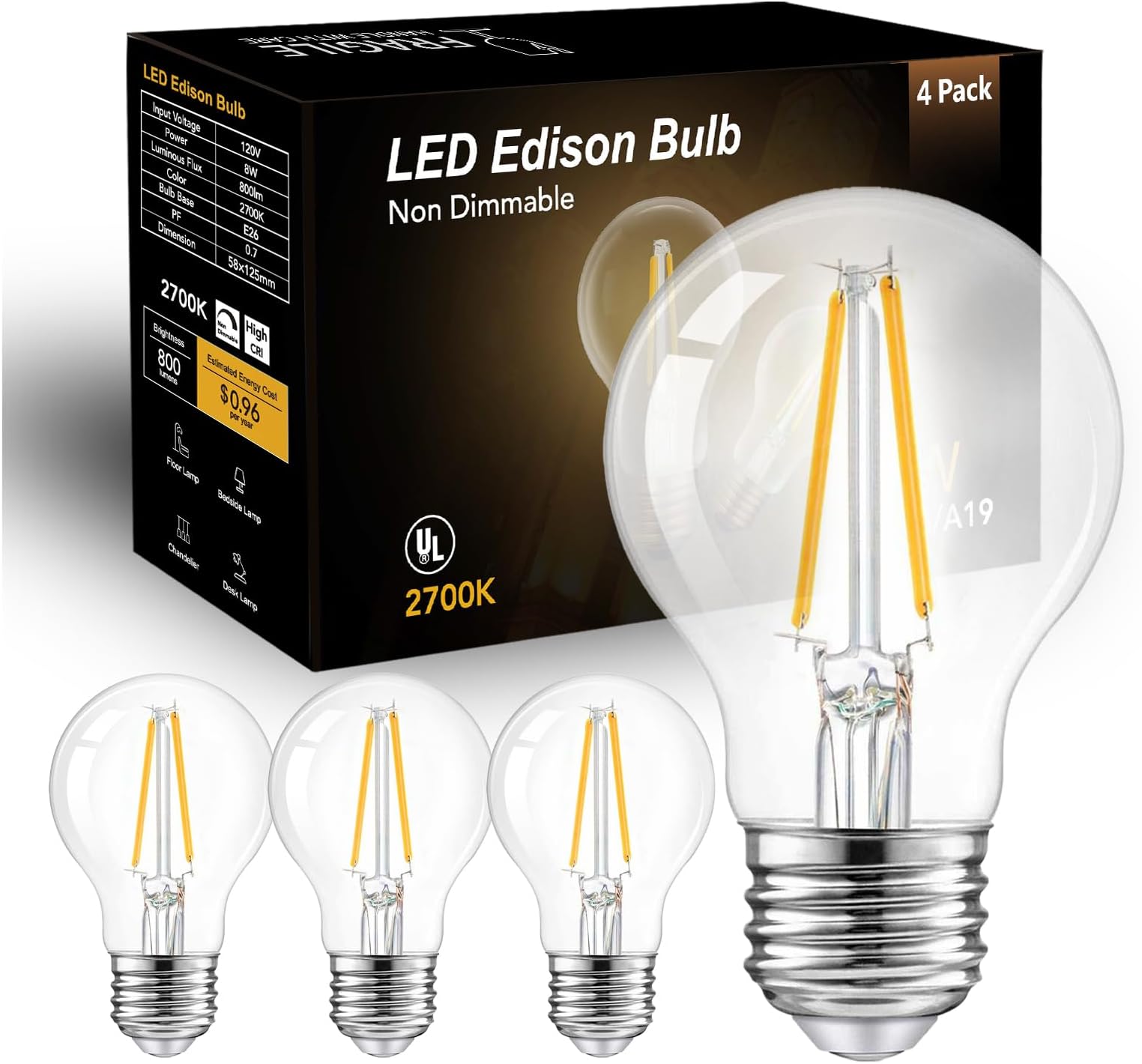 dalattin A19 Vintage LED Edison Bulbs, 60W Equivalent Light Bulbs ...