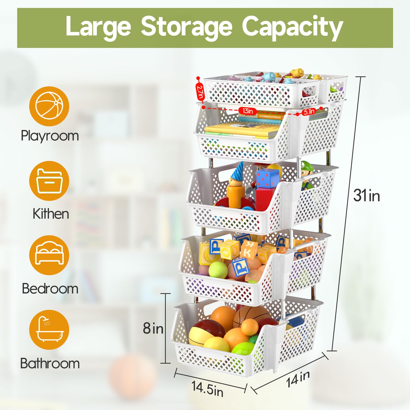 Snapklik.com : Plastic Stackable Storage Bins 4 Tier, Large Capacity ...