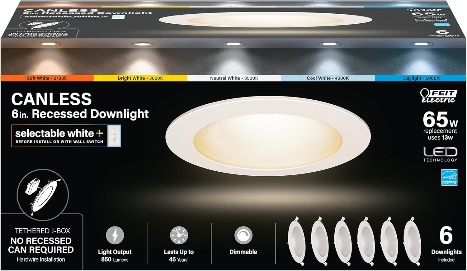 Feit Electric 6" LED Canless Recessed Downlights with Tethered Jbox ...