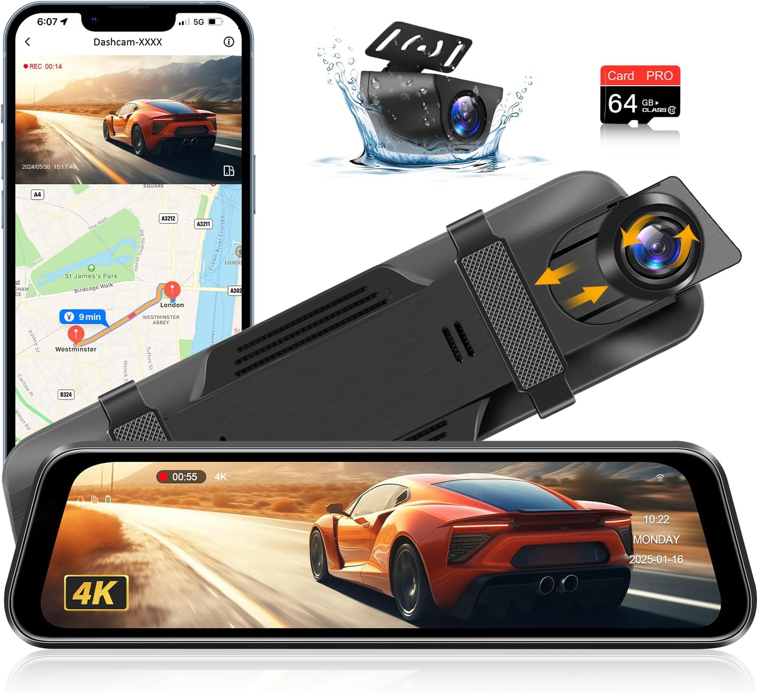 AUTO-VOX V5 Spiegel Dashcam 1080P Dual Dashcam Vorne Hinten mit GPS ...