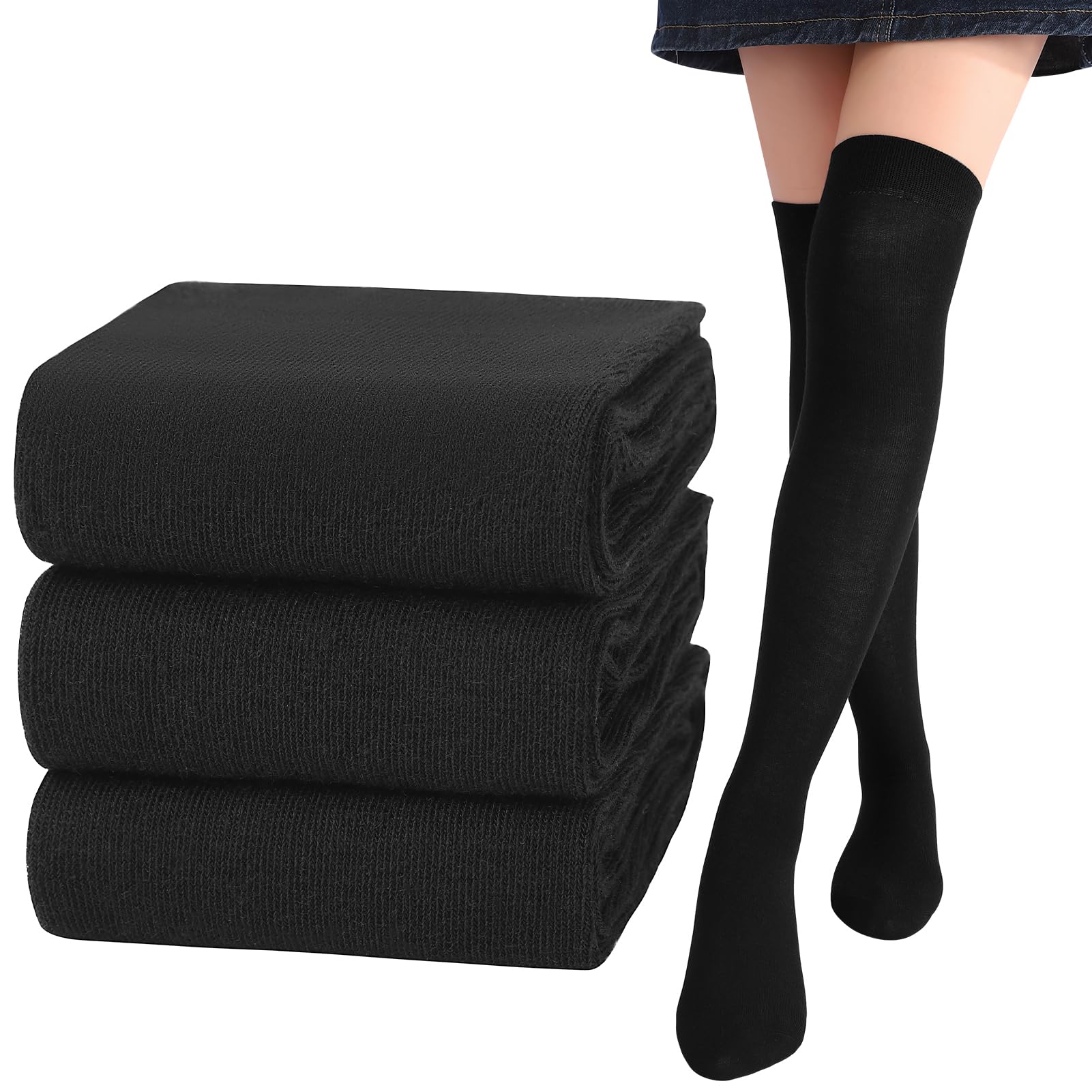 Candcamp 3 Pairs Black Thigh High Socks,Knee High Socks 45 CM Over the ...