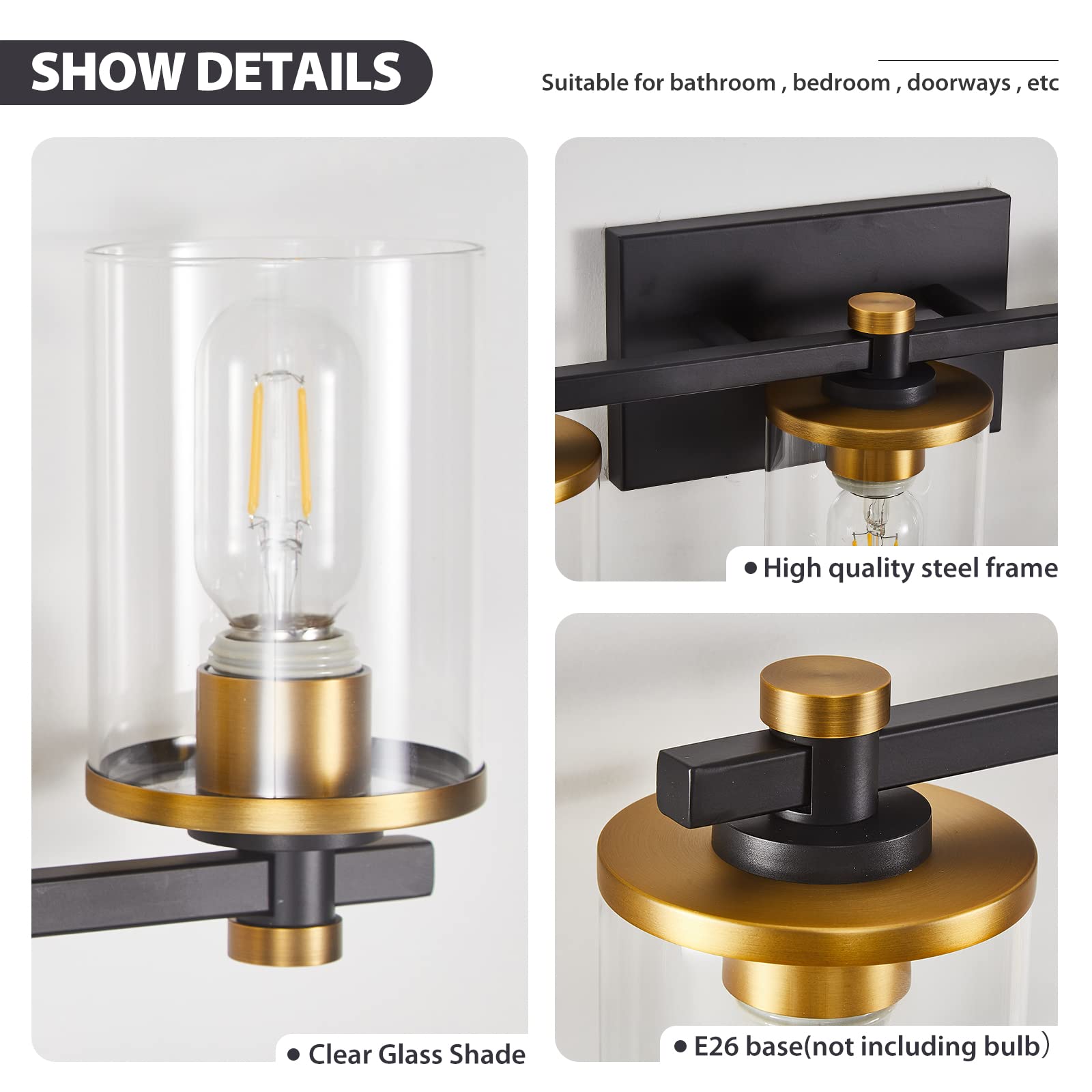 5 Light Bathroom Vanity Light Fixtures, Modern Black and Gold Vanity ...