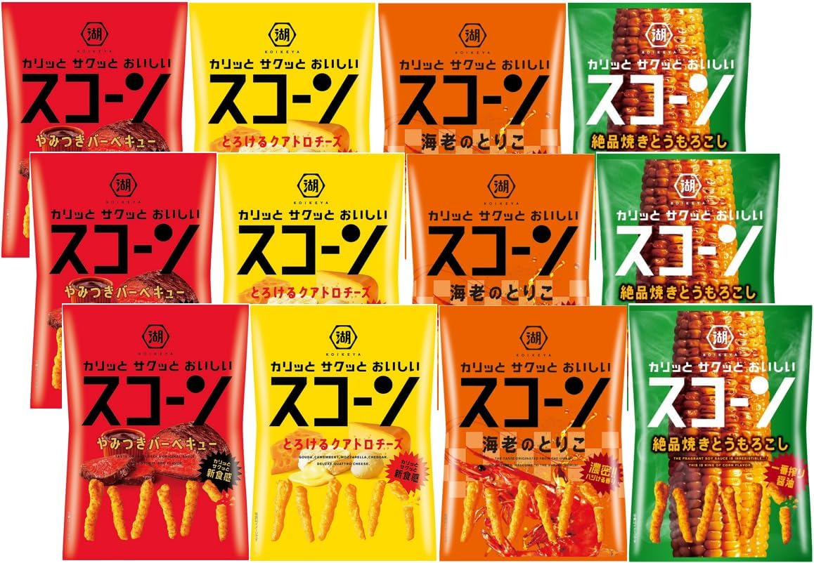 Amazon.co.jp: 湖池屋 スコーン 4種アソート バーベキュー 73g、クアトロチーズ 73g、海老のとりこ 70g、焼きとうもろこし 73g 各3袋計12袋 名倉商事 : 食品・飲料・お酒