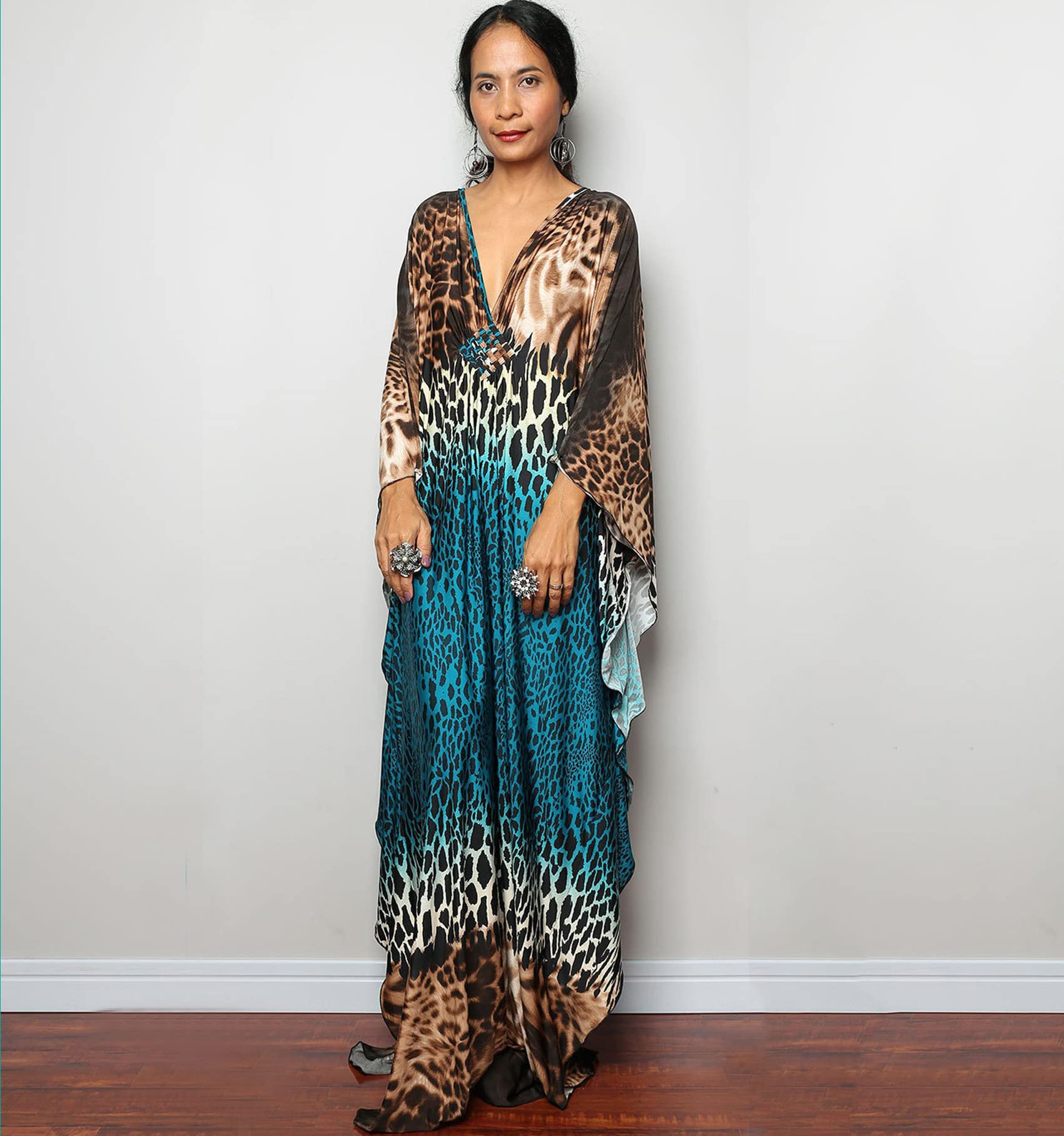 Snapklik.com : Blue Leopard Print Caftan Dress For Women Loose Fit Swimsuit Coverups Batwing ...