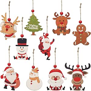 10Pcs Wooden Christmas Theme Ornaments, Flat Snowman Santa Claus ...