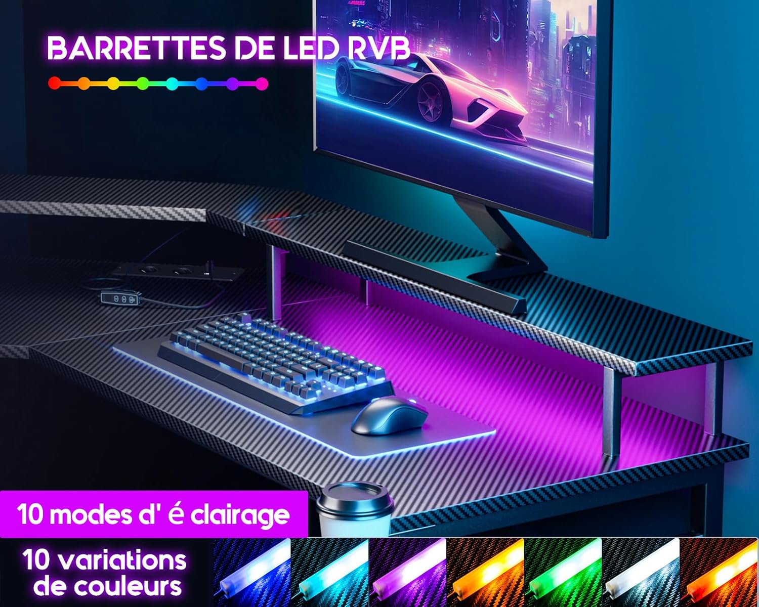 ODK 129x129 cm L-Shaped Gaming Desk with LED, Power Outlets, and USB ...