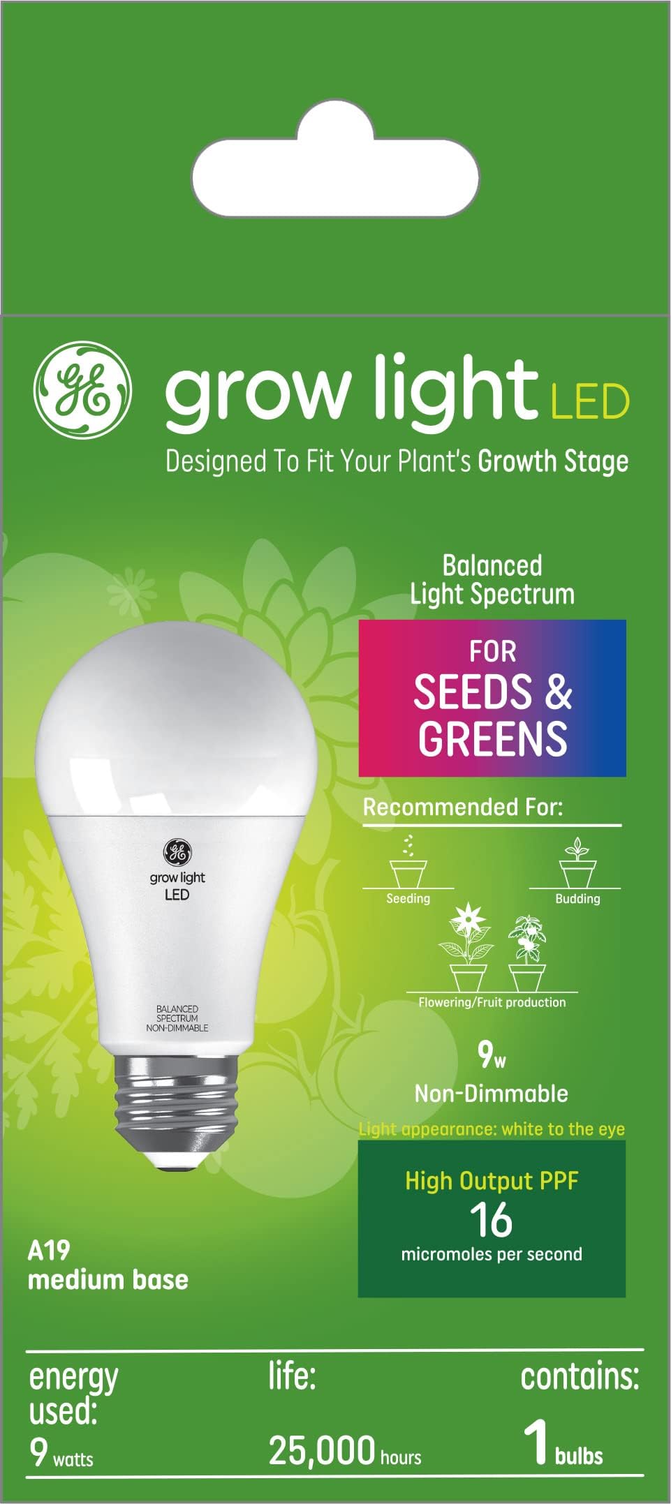 GE Lighting Grow Light LED Balanced Light Spectrum 9W Seeds and Greens ...